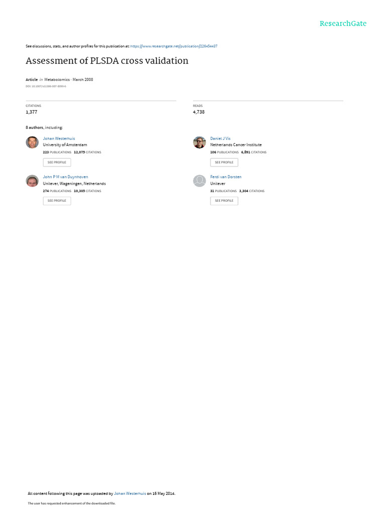 Assessment of PLSDA Cross Validation | PDF | Cross Validation (Statistics) | Receiver Operating ...