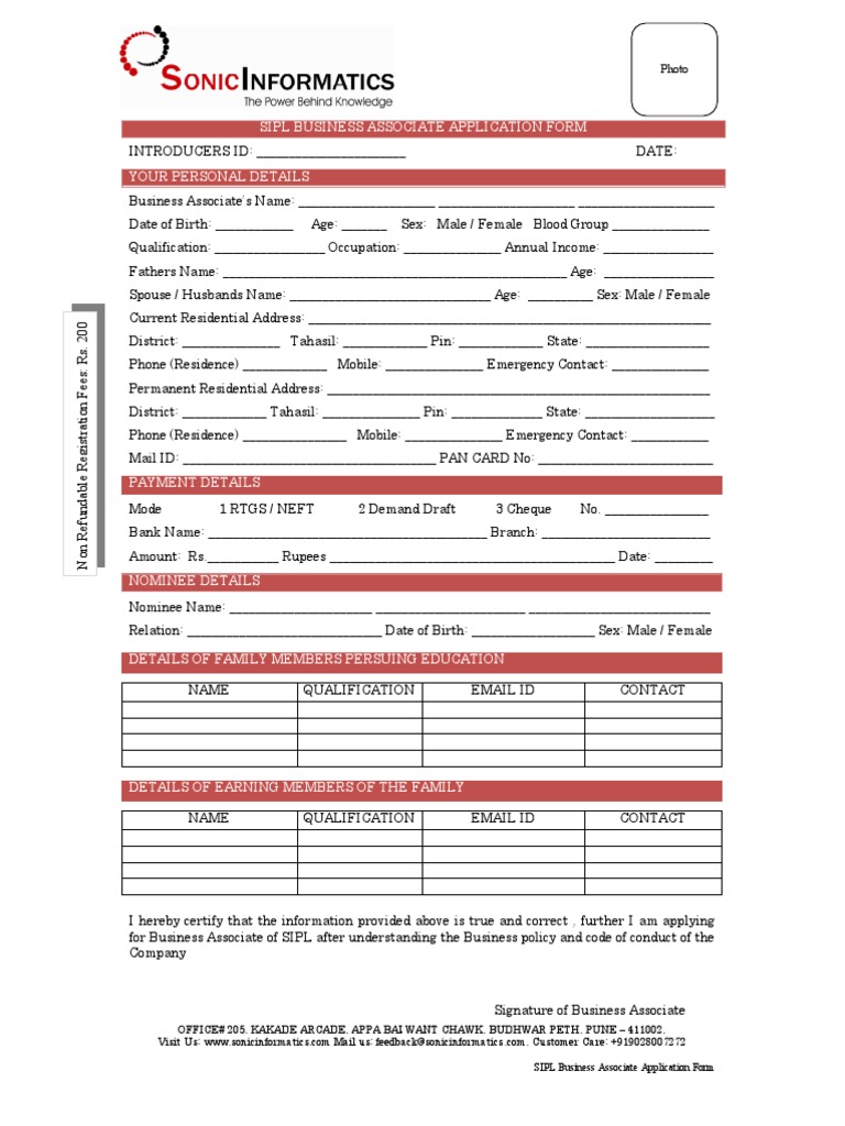 SIPL Business Associate Application Form | PDF | Cheque | Identity Document