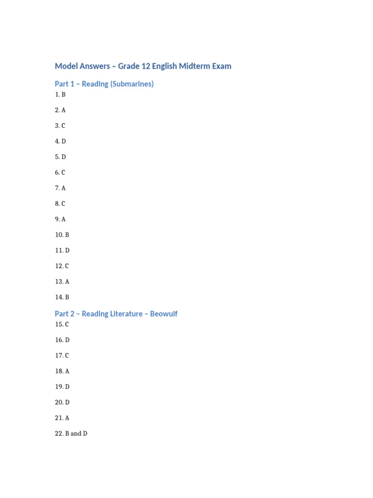 Grade12 English Midterm Model Answers | PDF