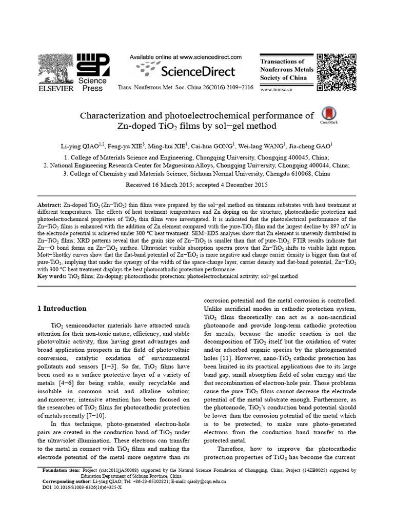 Characterization and Photoelectrochemical Performance of Zn-Doped TiO2 ...
