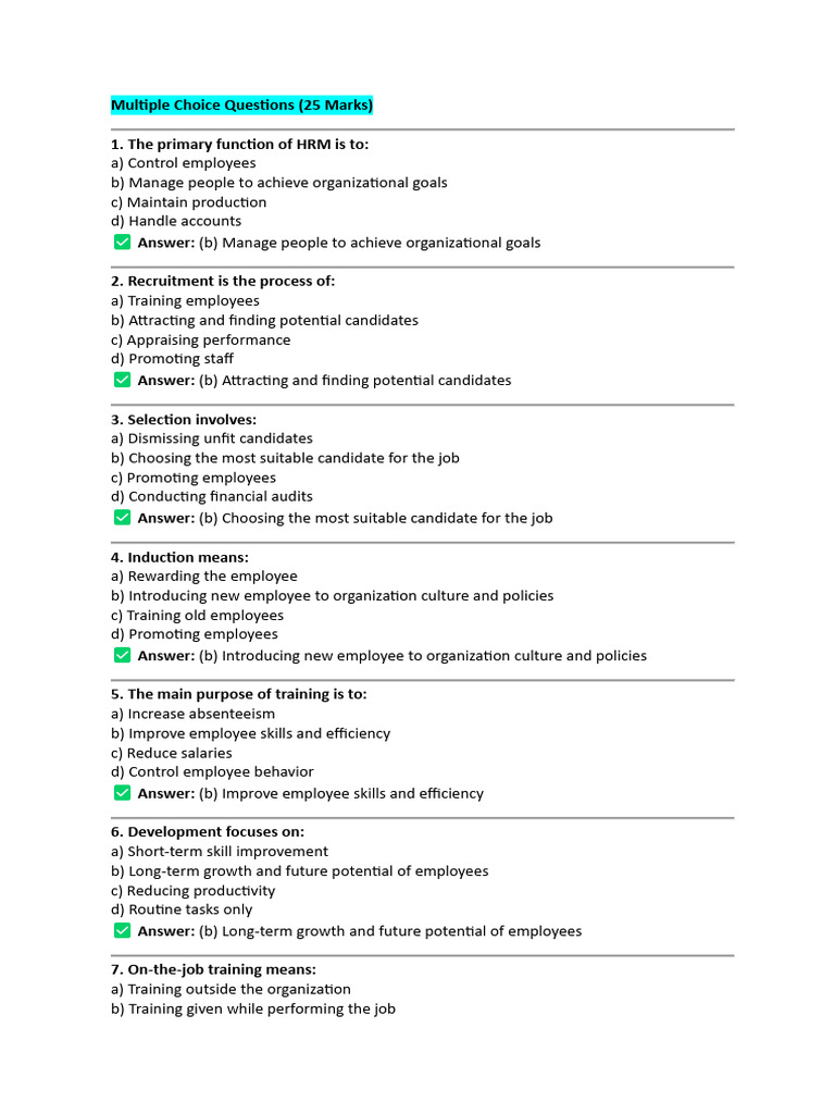 MCQ HRM | PDF | Performance Appraisal | Employment