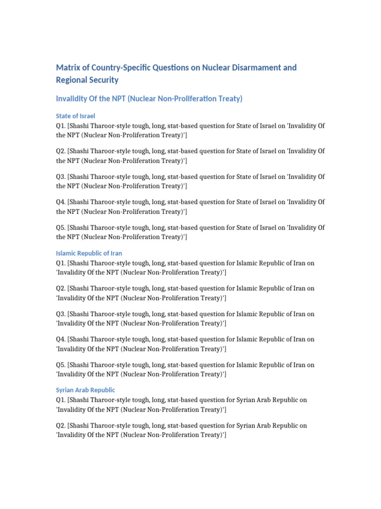 Country Matrix Questions-2 | PDF | Treaty On The Non Proliferation Of ...