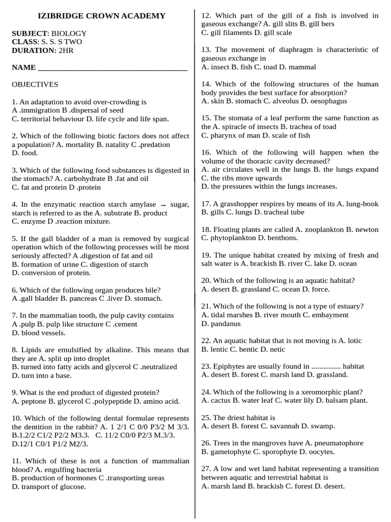 Ss2 Biology | PDF | Gill | Digestion