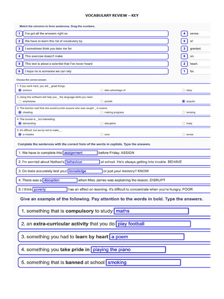 Vocabulary Review - Key | PDF