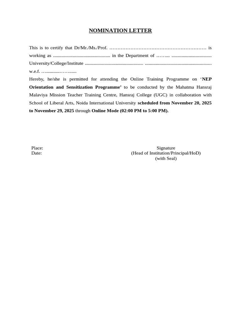 Nomination for NEP Training Program | PDF