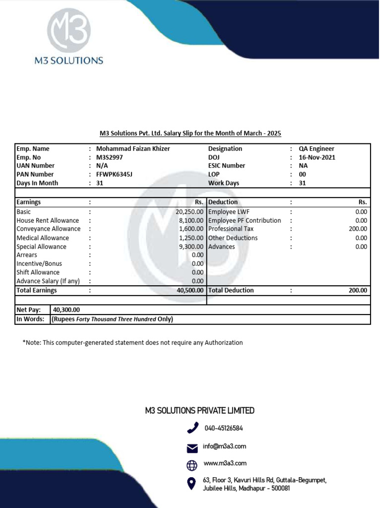Mohammad Faizan Khizer - Mar 2025 Payslip - M3 - Solutions | PDF | Taxes | Government Finances