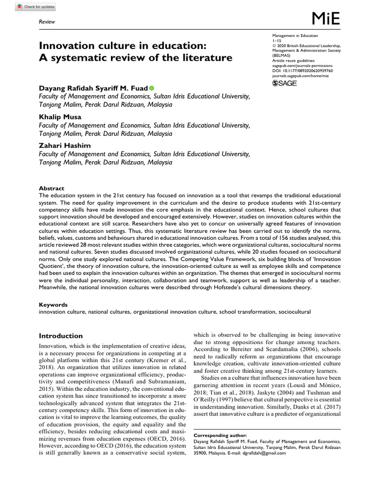 Innovation Culture in Education - A Systematic Review of The Literature ...