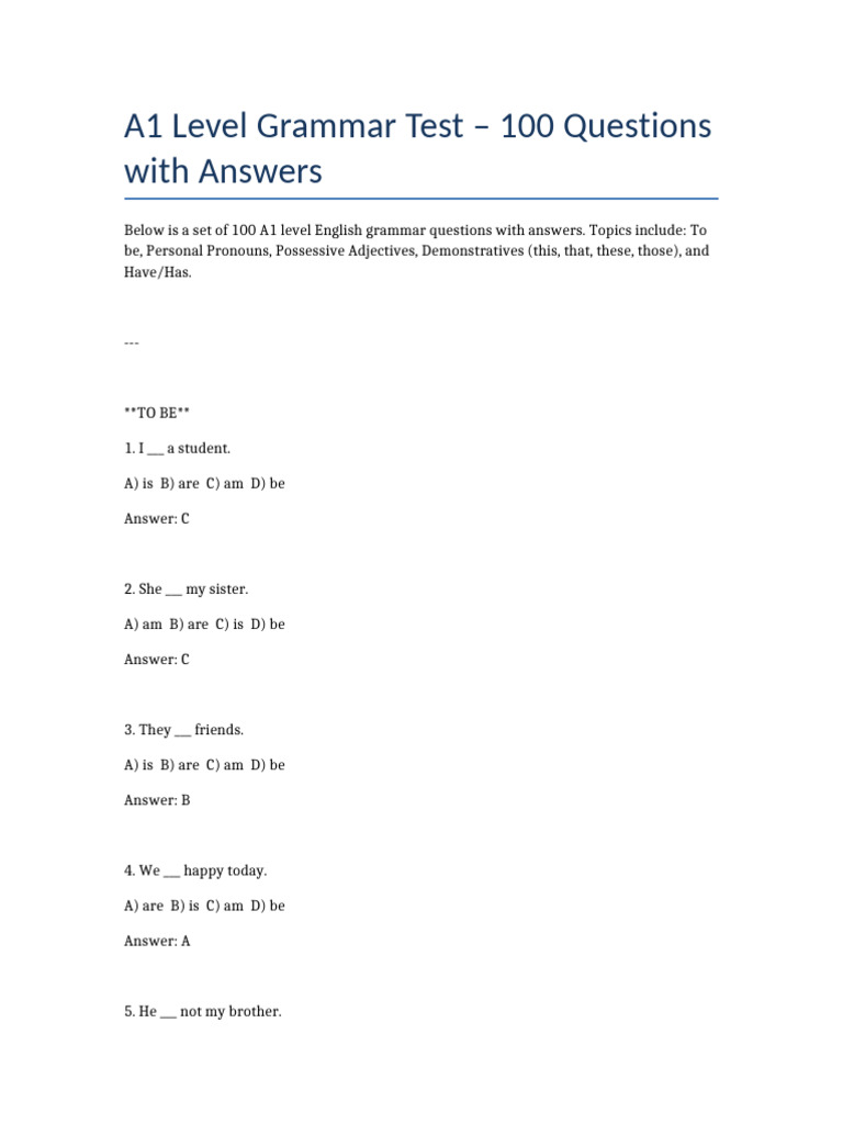 A1 English Grammar Test: 100 Questions | PDF