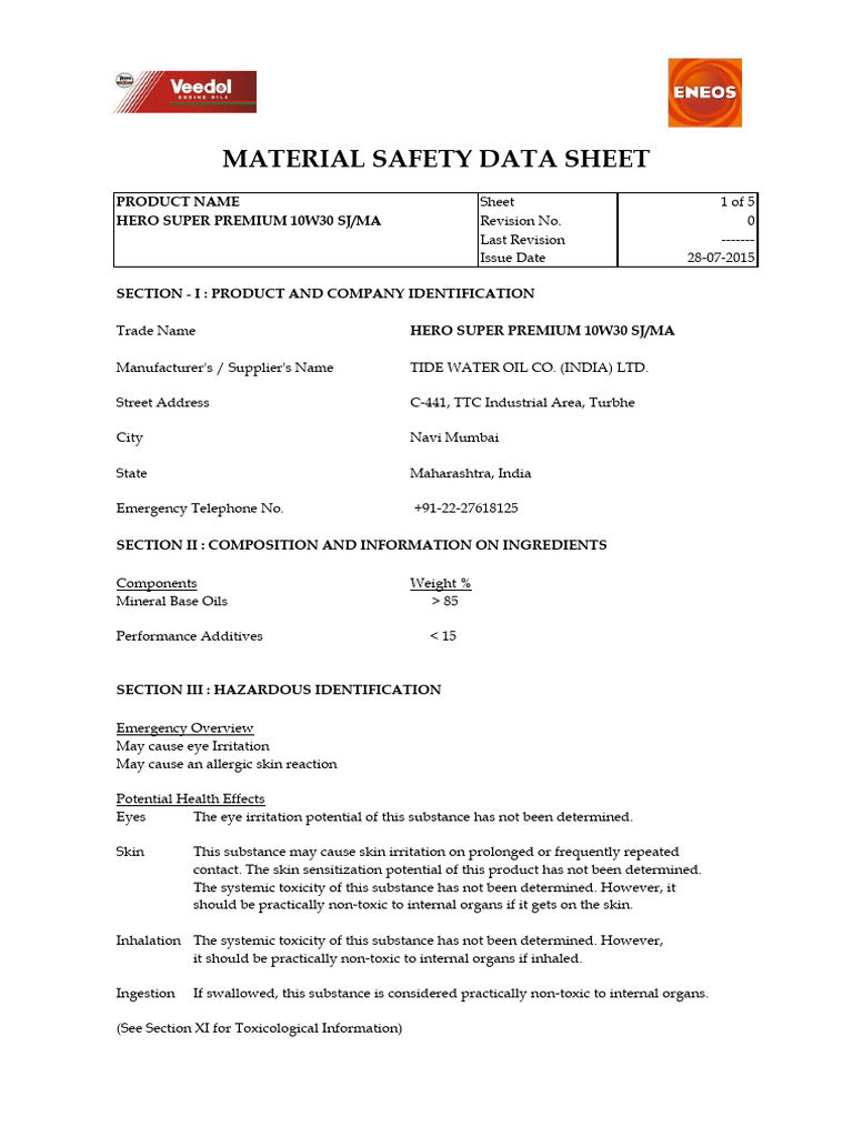 MSDS - Hero SP 10W 30 SJ-MA | PDF | Workplace | Working Conditions