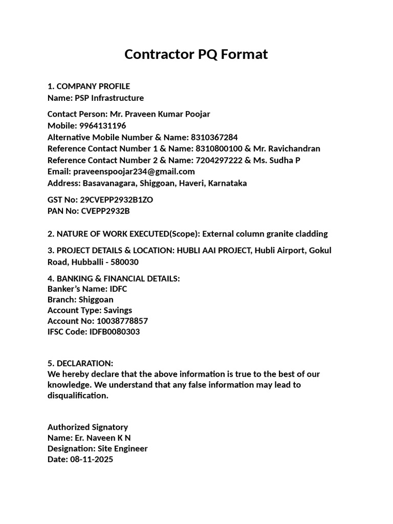Mr. Praveen Contractor-PQ Formate | PDF