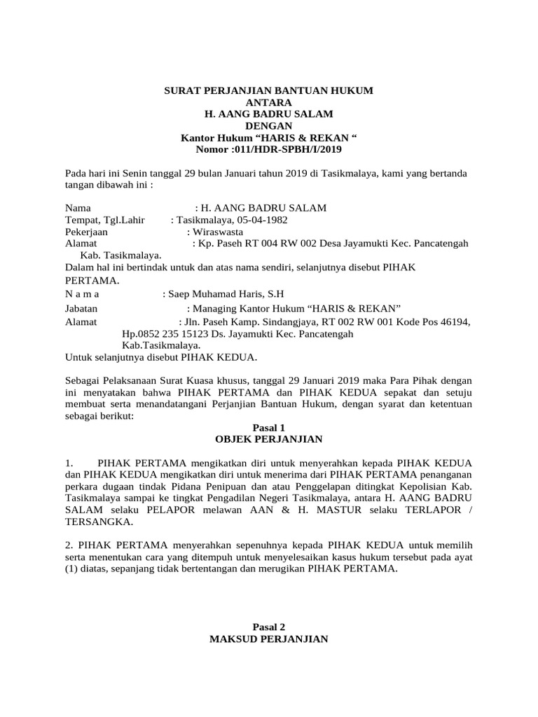 Perjanjian Bantuan Hukum Tasikmalaya | PDF