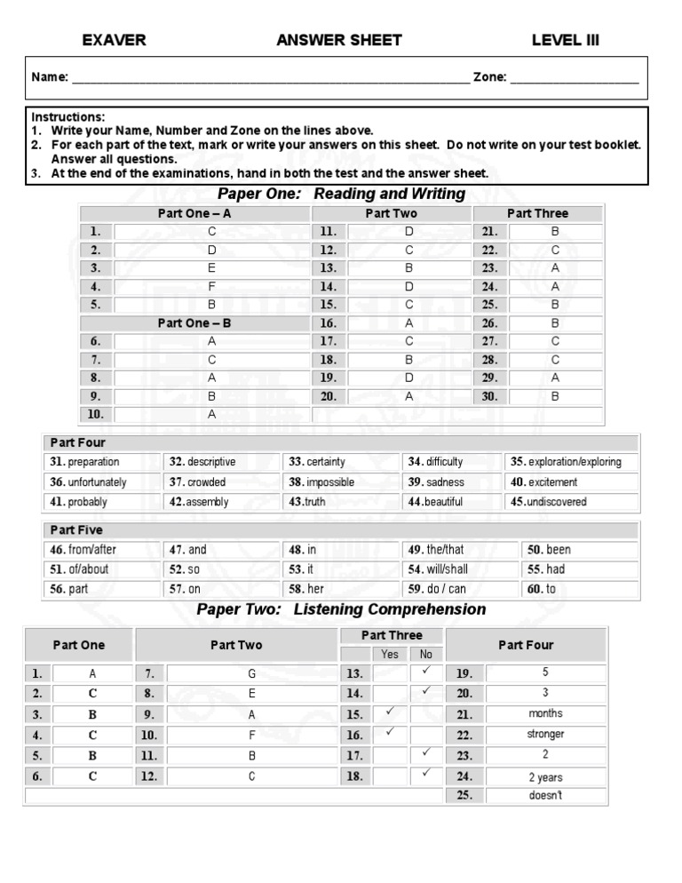 Paper One: Reading and Writing: Exaver Answer Sheet Level Iii | PDF ...