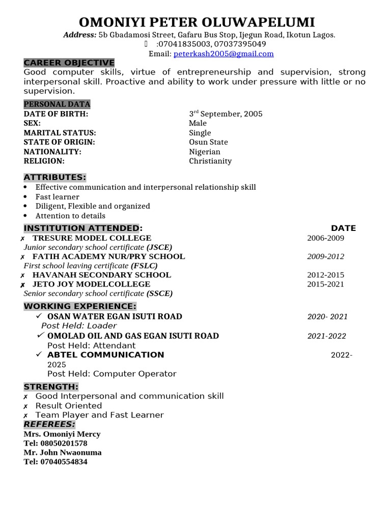 Omoniyi Peter Oluwapelumi's CV | PDF