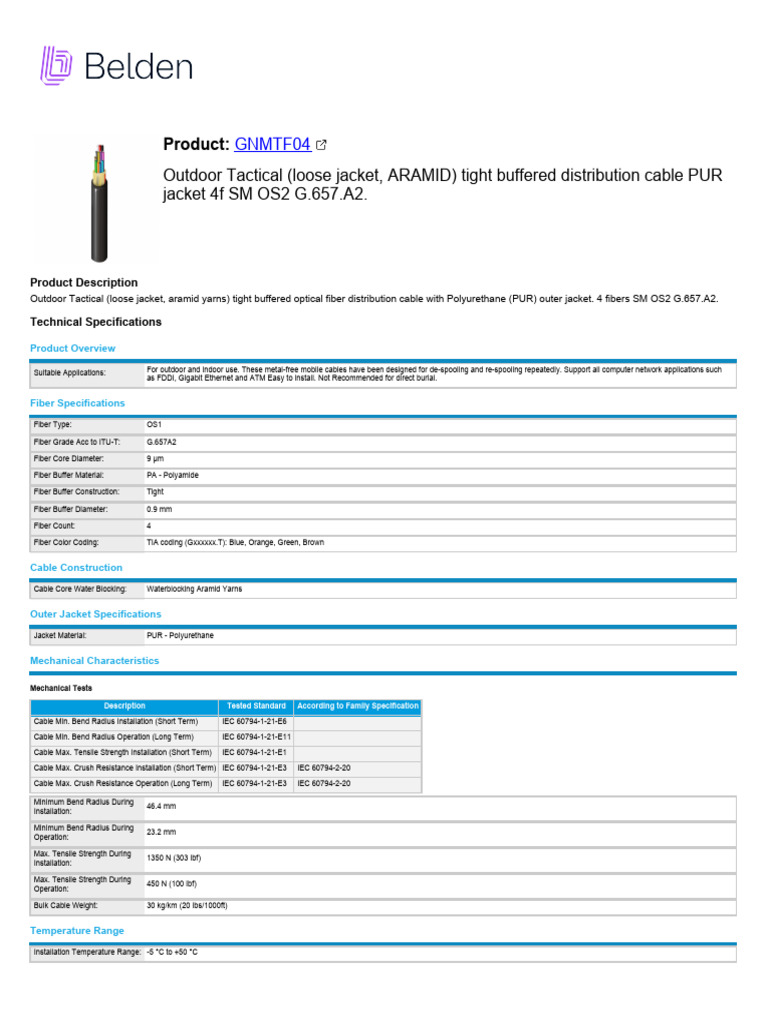 Outdoor Tactical Fiber Cable GNMTF04 | PDF | Optical Fiber ...