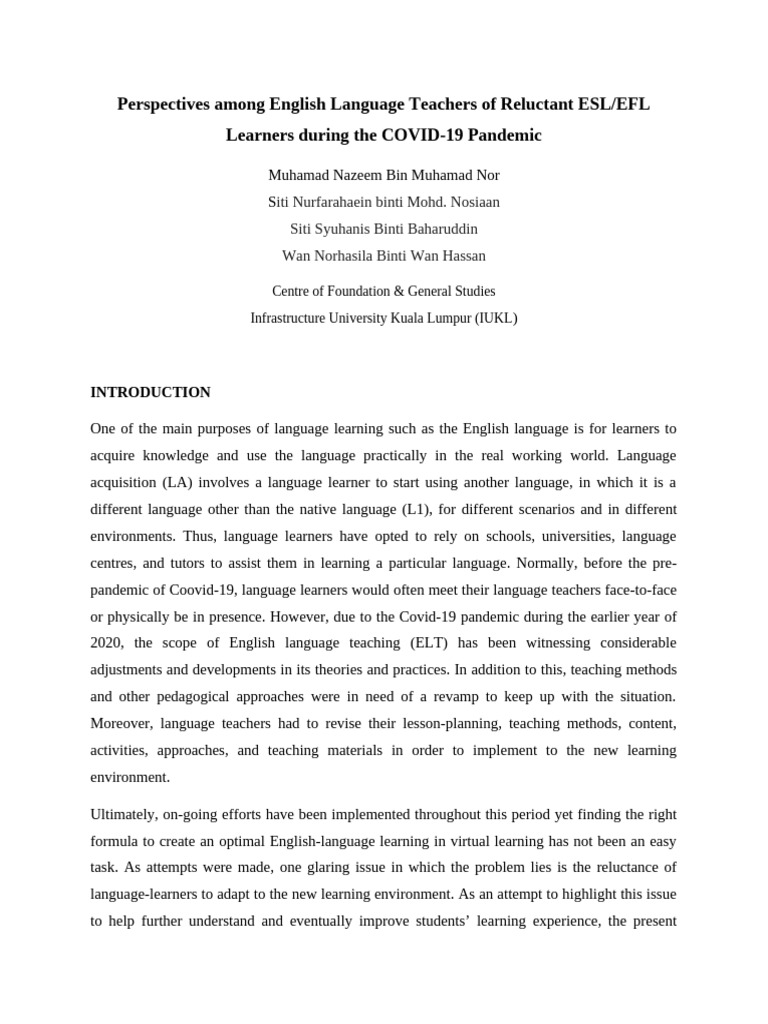 Perspectives Among English Language Teachers of Reluctant ESL 2.30pm ...