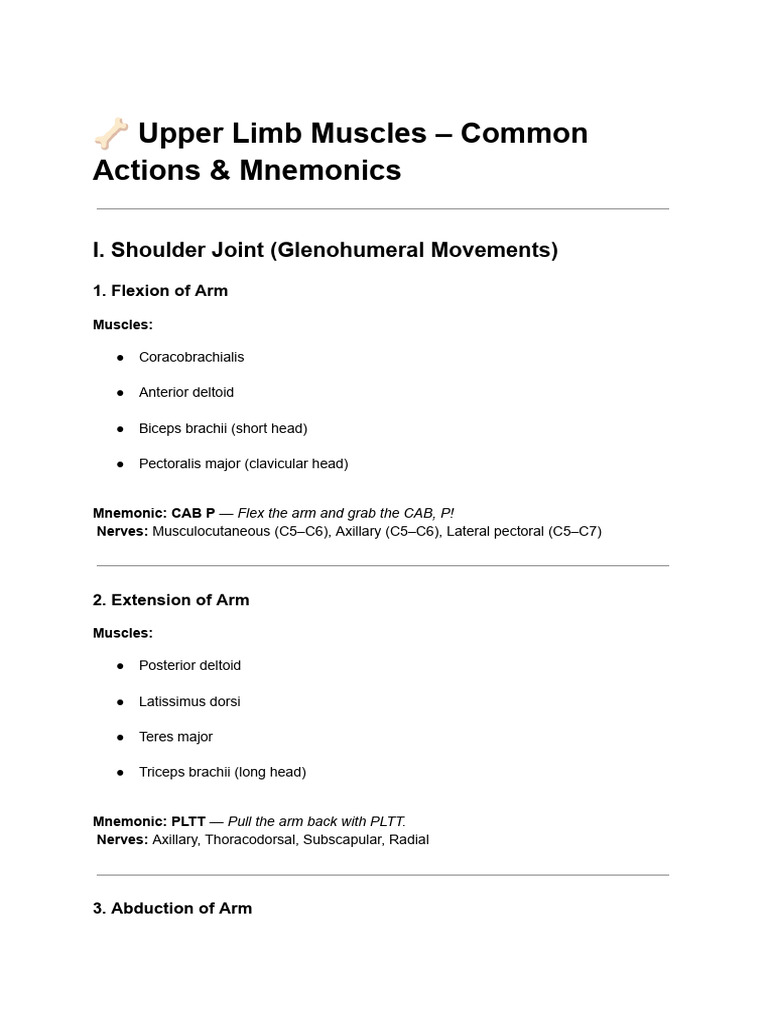 Upper Limb Muscle Actions & Mnemonics | PDF | Thumb | Anatomical Terms ...