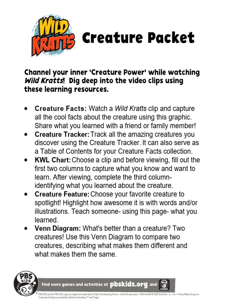 Creature Packet Wild Kratts Final | PDF | Pbs Kids | Pbs