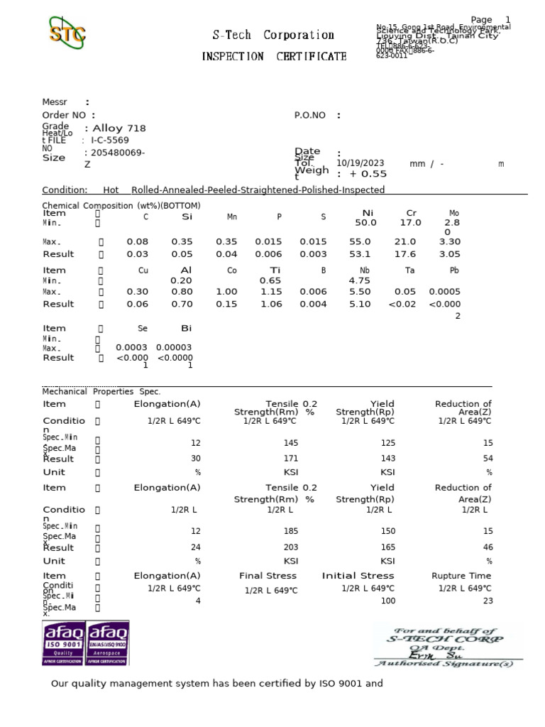 Inconel 718 Rod 45mm Dia - ASTM B637 | PDF | Materials | Chromium
