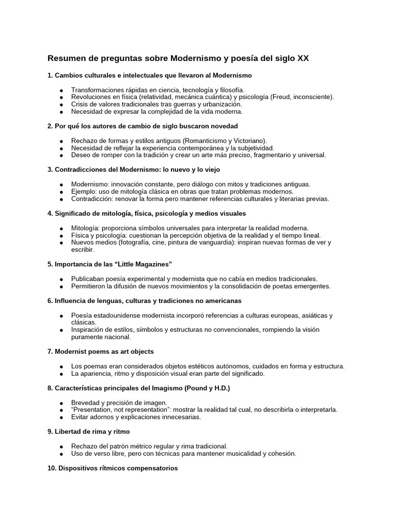 Resumen de Preguntas Sobre Modernismo y Poesía Del Siglo XX | PDF ...