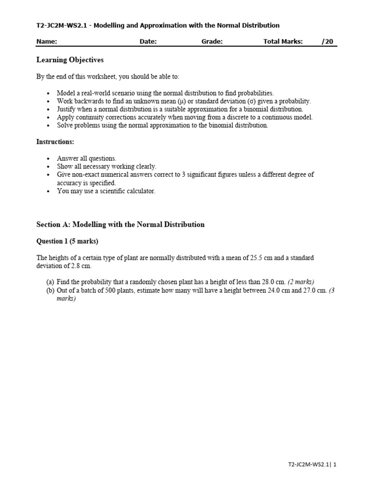 T2-JC2M-WS2.1 - Modelling and Approximation With The Normal Distribution | PDF | Normal ...