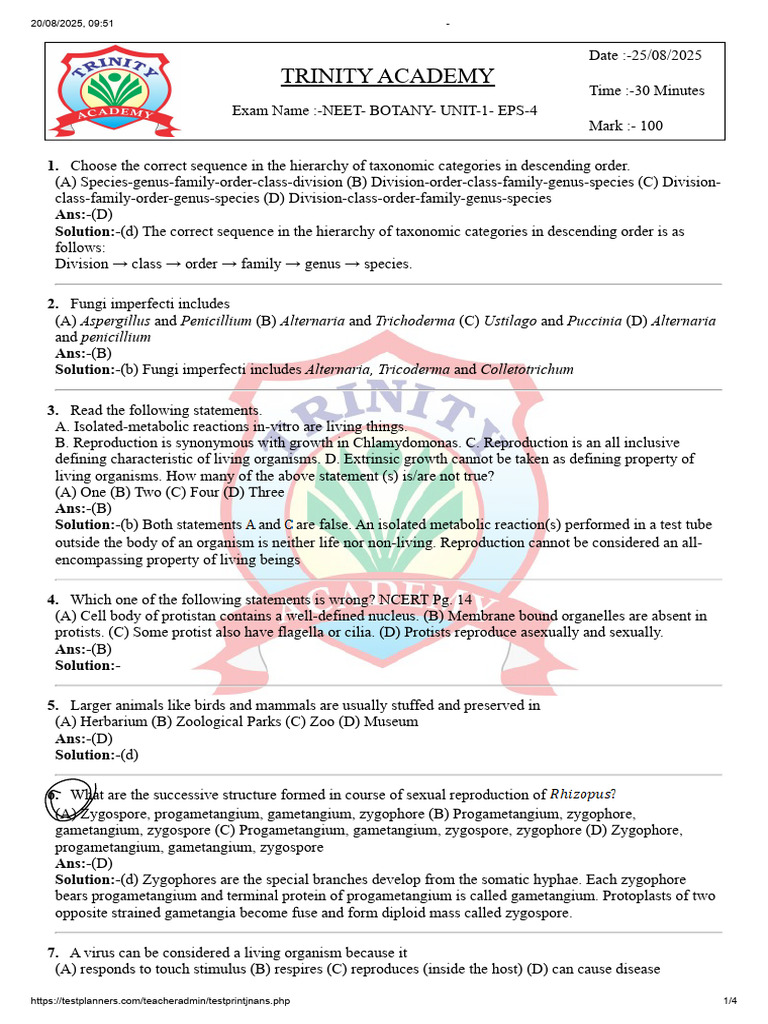 25th Aug 12th Grade Botany Unit 1 Eps 4 Hints & Solution | PDF | Fungus ...