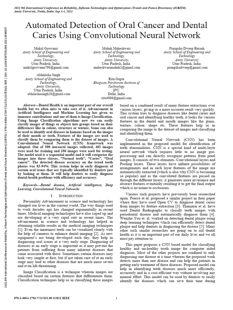 CNN for Oral Cancer and Caries Detection | PDF | Human Tooth | Dentistry