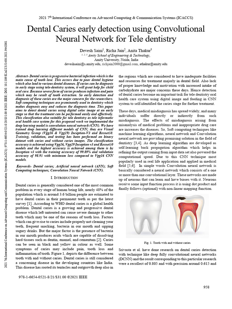 Dental Caries Early Detection Using Convolutional Neural Network For Tele Dentistry | PDF ...