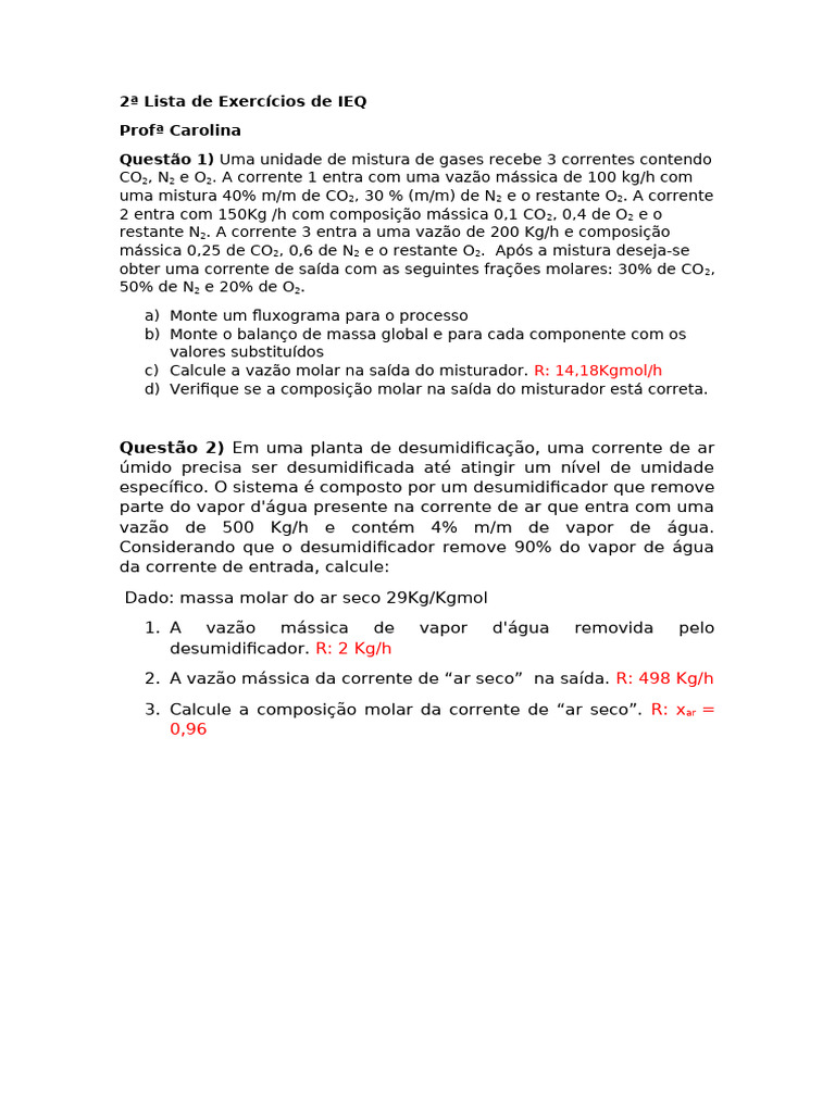 2 Lista de Exerccios IEQ 2024-2-Balano de Massa | PDF