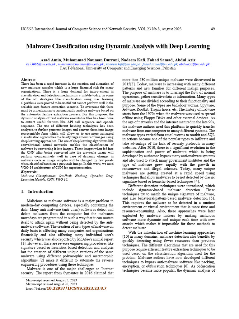 Dynamic Malware Classification with CNN | PDF | Deep Learning | Malware