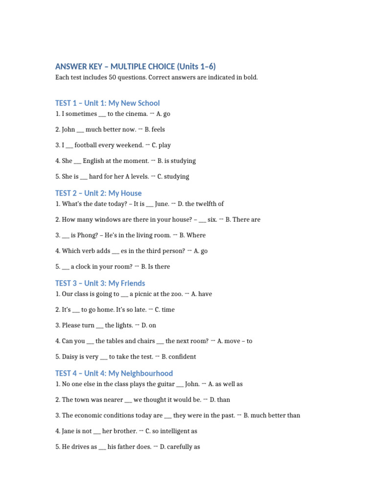 Answer Key Multiple Choice Units1-6 | PDF