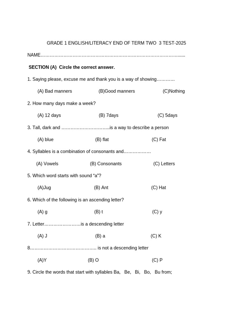 Grade 1 English and Literacy t3 Test-2025 | PDF | Languages | Foreign ...