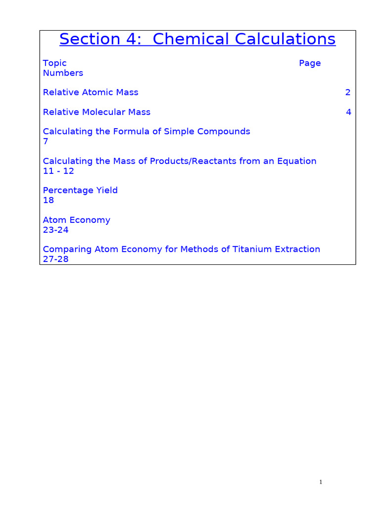 Chemical Calculations Workbook New | PDF | Chemical Elements | Molecules