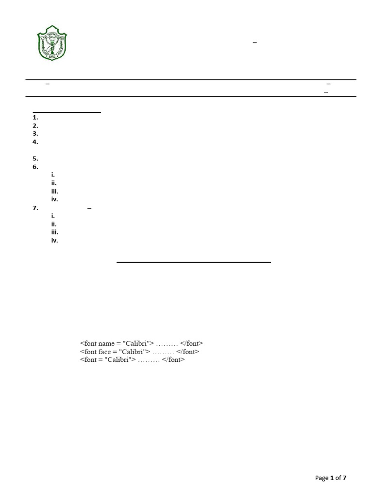 Class IX IT Midterm Exam Sample Paper | PDF | Html | Html Element