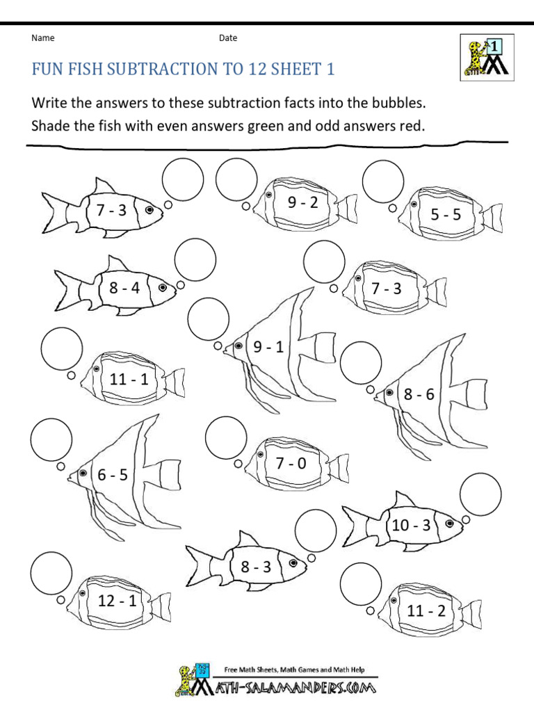 Fun Subtraction To 12 Fish 1 | PDF