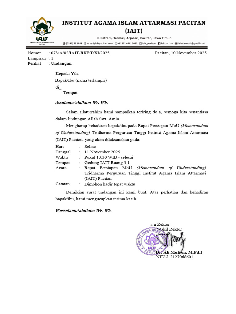 Undangan Rapat Persiapan MoU IAIT | PDF