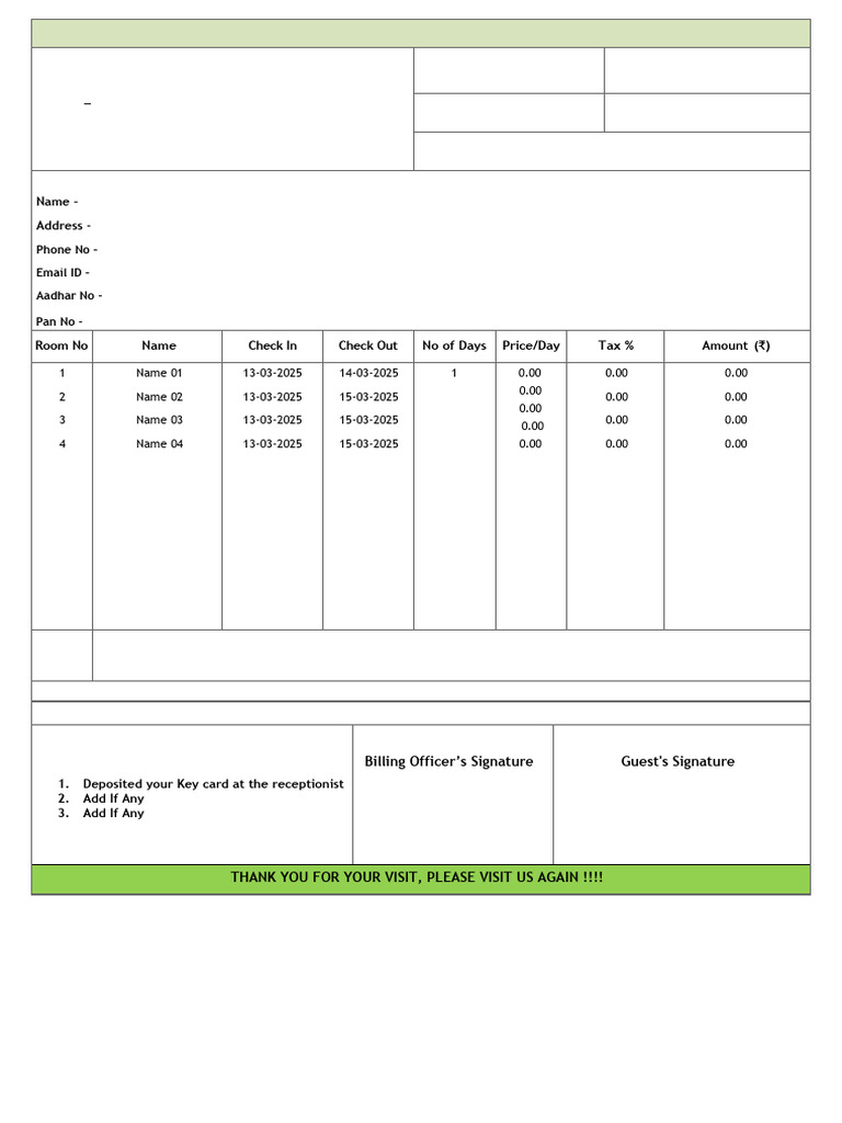 Hotel Invoice Template for Guests | PDF