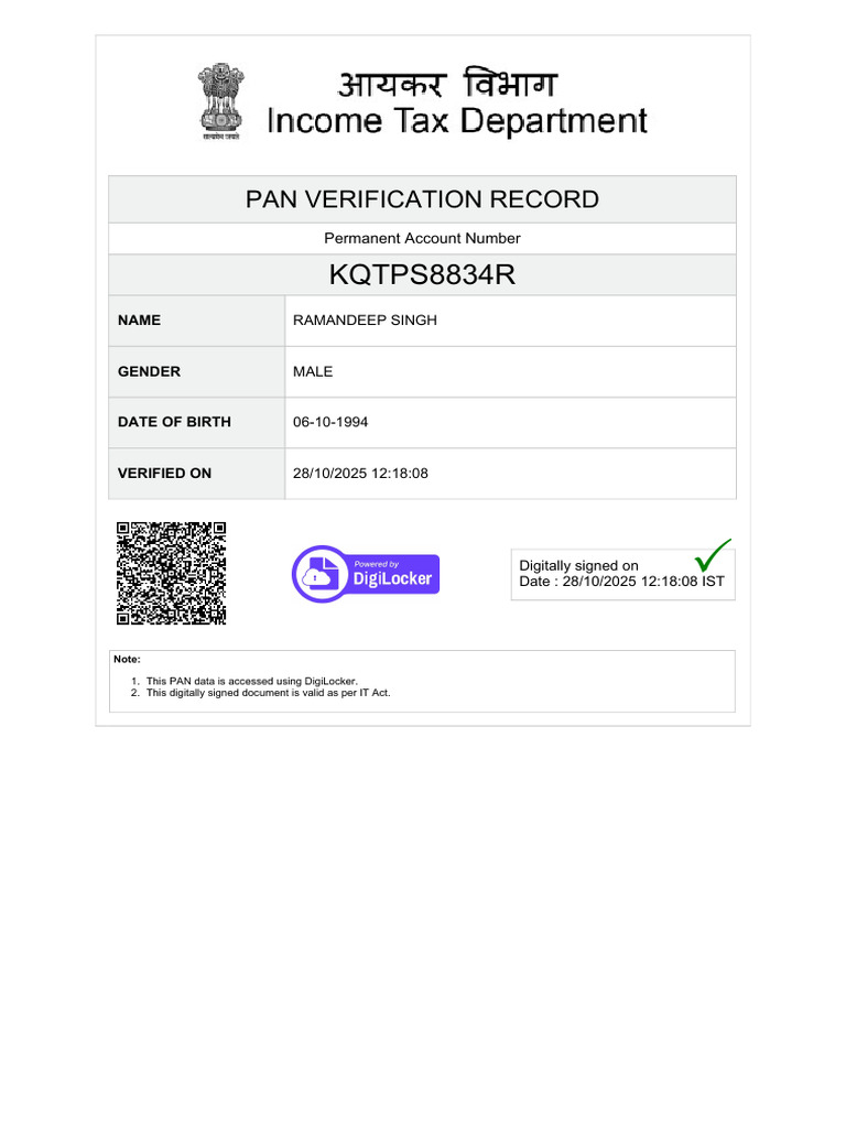 PAN Verification Record for Ramandeep Singh | PDF