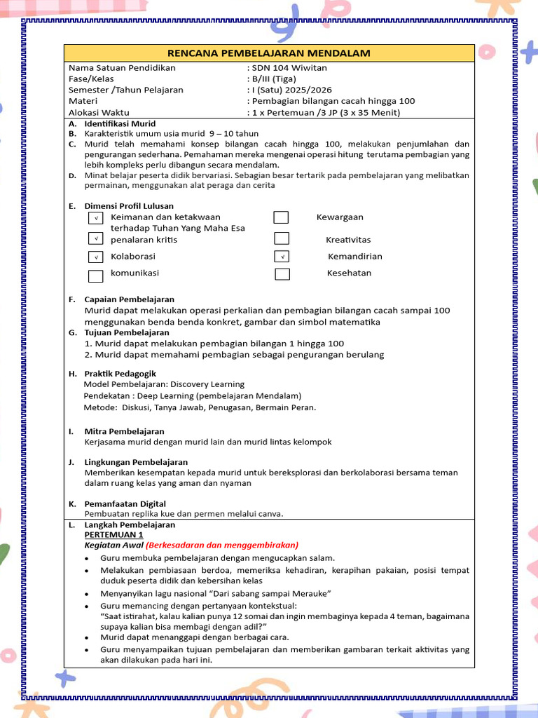 Rencana Pembelajaran Pembagian Bilangan Cacah | PDF