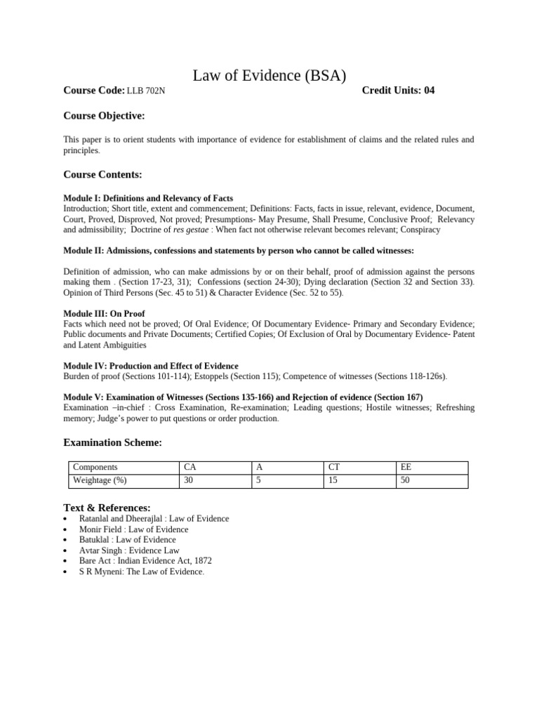 Law of Evidence Course Overview | PDF