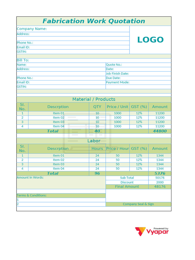 Fabrication Work Quotation Template | PDF
