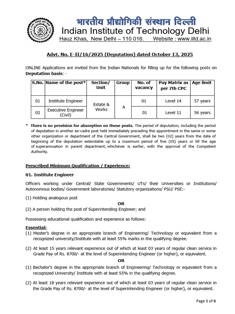 Advt. No. E-II.16.2025 (Deputation) | PDF