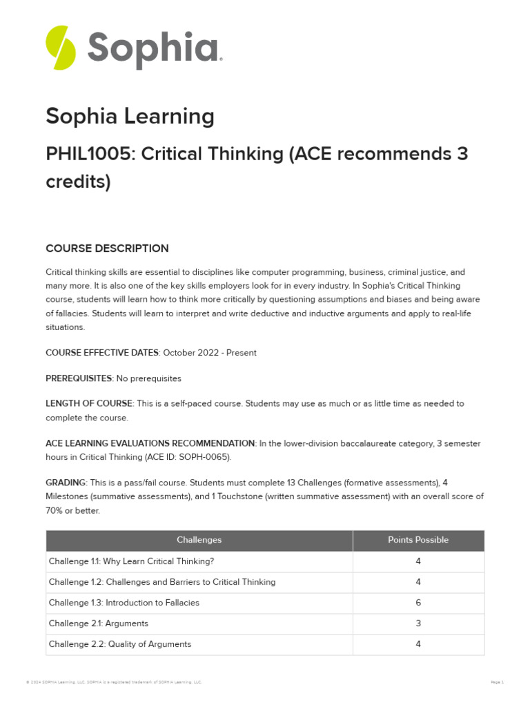 sophia-critical-thinking-syllabus | PDF | Argument | Fallacy