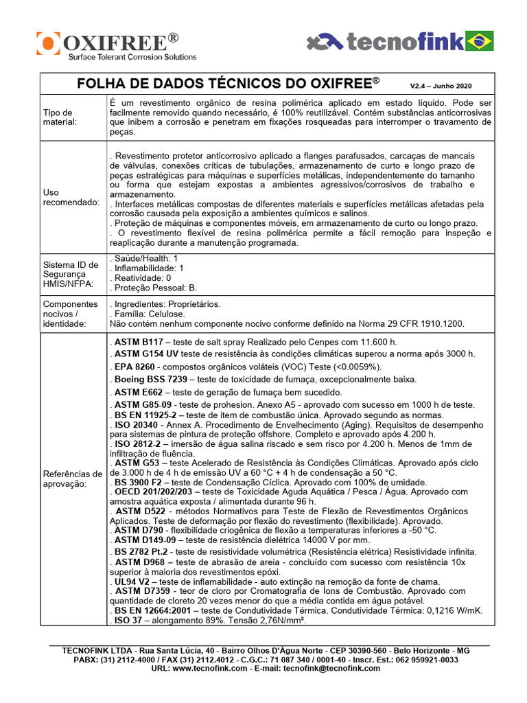 Folha Técnica do Revestimento OXIFREE® | PDF | Corrosão | Polímeros