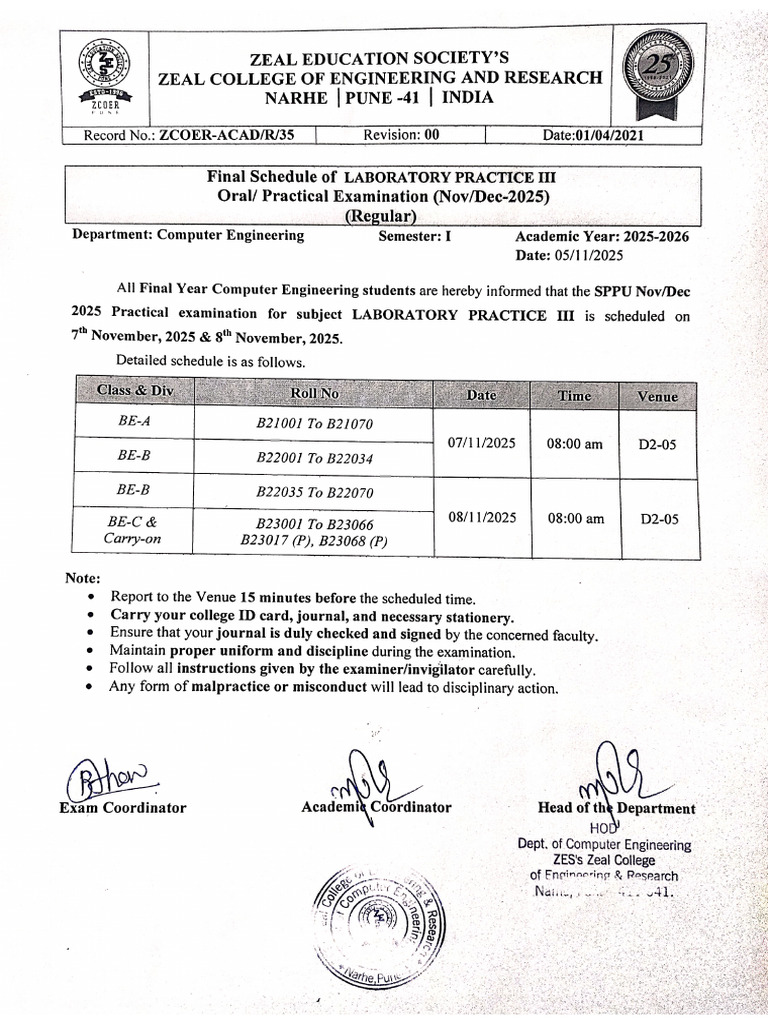 Final Schedule of LP-III - PR Examination (Nov-Dec 2025) | PDF