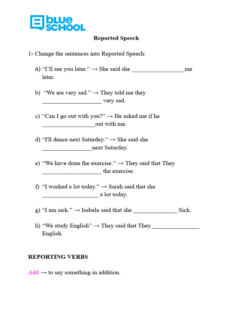 Exercise About Reported Speech | PDF