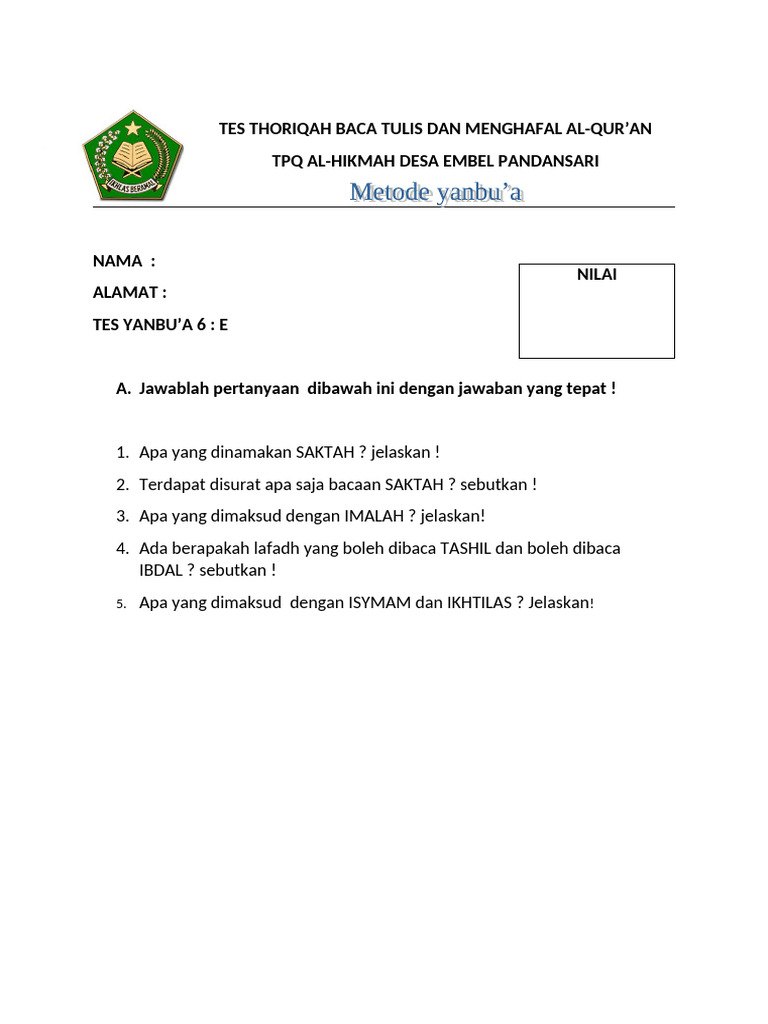 Tes Thoriqah Baca Tulis Dan Menghafal e | PDF