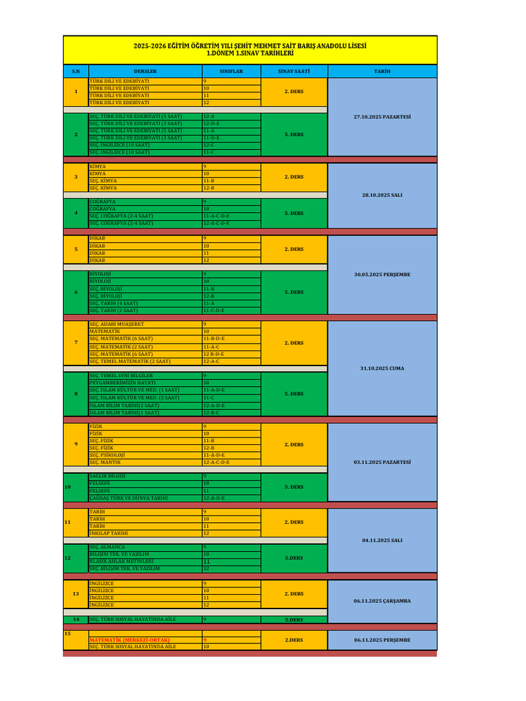 I. Dönem I. Sinav Takvi̇mi̇ 2025-2026 (Son Hali̇) | PDF