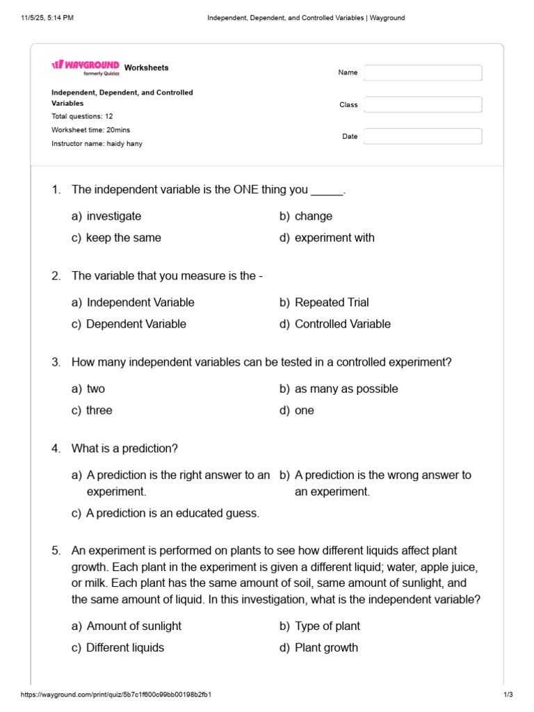 Independent, Dependent, and Controlled Variables - Wayground | PDF ...