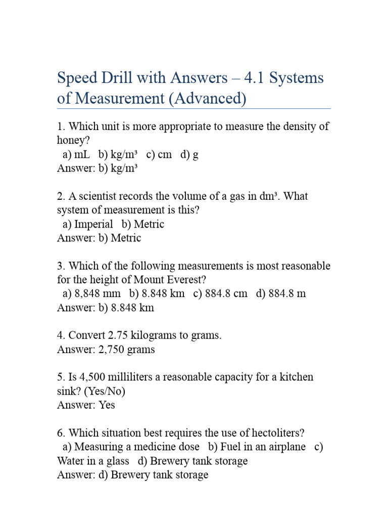Speed Drill 4.1 Systems of Measurement With Answers Numbered | PDF