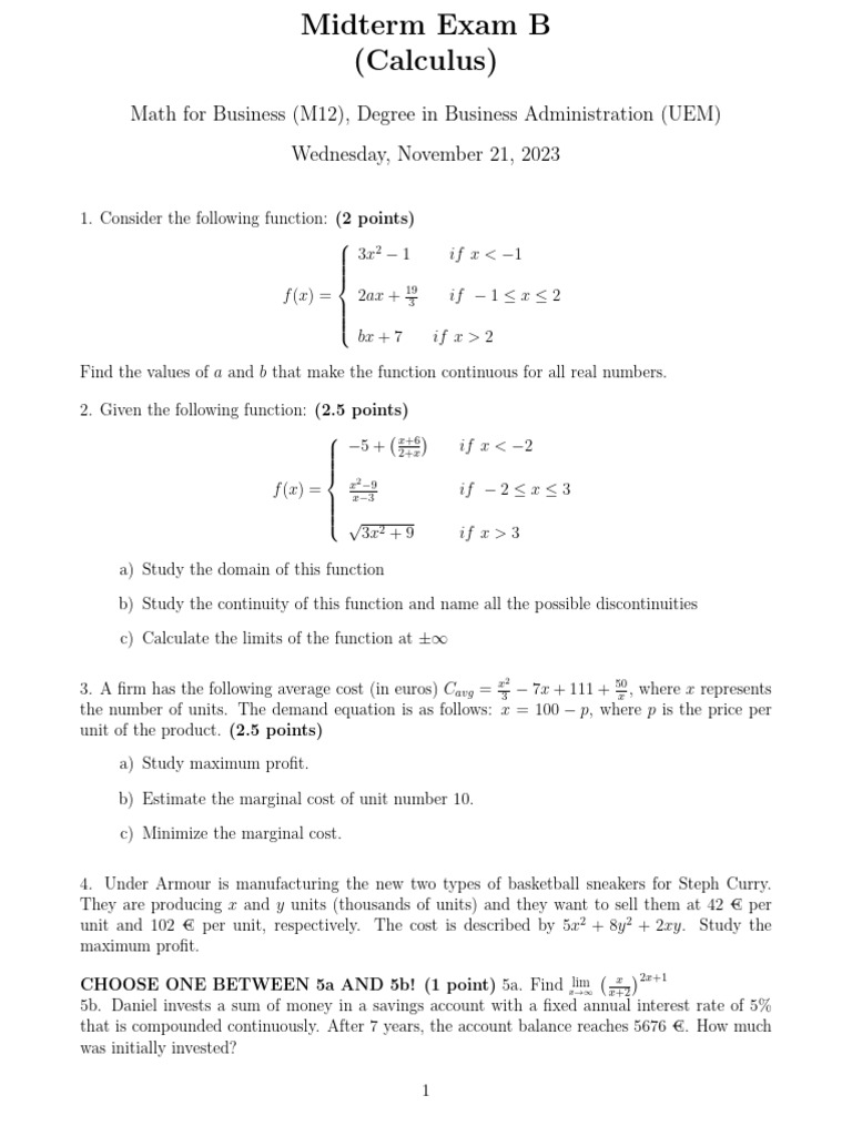 Calculus Midterm Exam for Business Math | PDF | Function (Mathematics ...